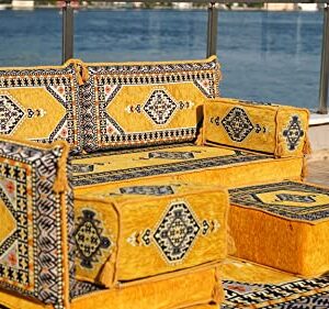 Yellow Traditional Floor Couch Set, L Shaped Sectional Sofas, Arabic Floor Sofa Set,Yoga Meditation Mat, Futon Sofa Bed (L Sofa + Rug + Poufs)