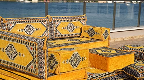 Yellow Traditional Floor Couch Set, L Shaped Sectional Sofas, Arabic Floor Sofa Set,Yoga Meditation Mat, Futon Sofa Bed (L Sofa + Rug + Poufs)