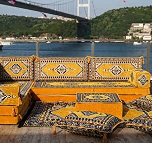 Yellow Traditional Floor Couch Set, L Shaped Sectional Sofas, Arabic Floor Sofa Set,Yoga Meditation Mat, Futon Sofa Bed (L Sofa + Rug + Poufs)