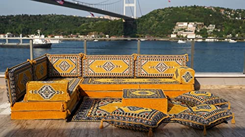 Yellow Traditional Floor Couch Set, L Shaped Sectional Sofas, Arabic Floor Sofa Set,Yoga Meditation Mat, Futon Sofa Bed (L Sofa + Rug + Poufs)