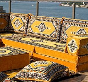 Yellow Traditional Floor Couch Set, L Shaped Sectional Sofas, Arabic Floor Sofa Set,Yoga Meditation Mat, Futon Sofa Bed (L Sofa + Rug + Poufs)