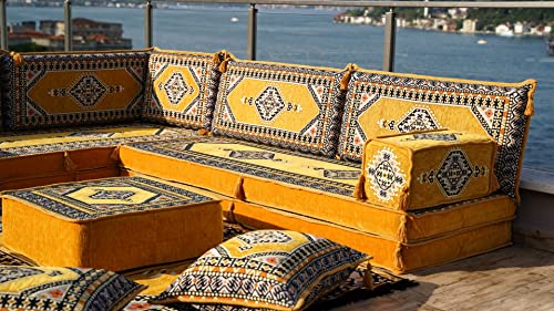 Yellow Traditional Floor Couch Set, L Shaped Sectional Sofas, Arabic Floor Sofa Set,Yoga Meditation Mat, Futon Sofa Bed (L Sofa + Rug + Poufs)