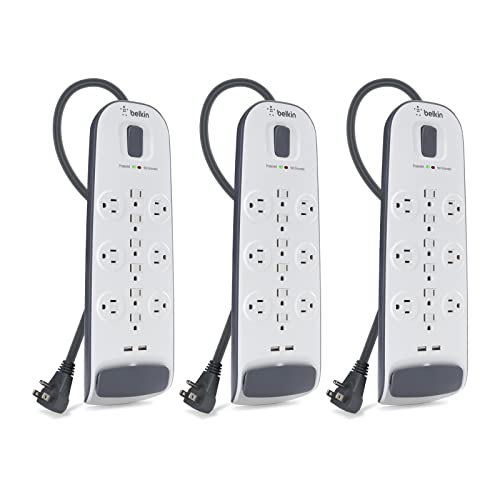 Belkin 12-Outlet USB Power Strip Surge Protector, Flat Plug, 6ft Cord (3,996 Joules), White - Pack of 3