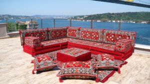 8" thicknesse l shaped floor couch, arabic sofa seating, floor pillow, corner floor couch, sectional sofa set, patio furniture, arabic majlis (l sofa + rug + poufs)