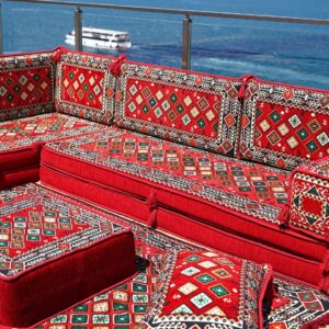 8" Thicknesse L Shaped Floor Couch, Arabic Sofa Seating, Floor Pillow, Corner Floor Couch, Sectional Sofa Set, Patio Furniture, Arabic Majlis (L Sofa + Rug + Poufs)