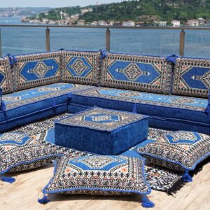 8'' Thickness L Shaped Royal Blue Sectional Sofas, Arabic Floor Sofa Set, Garden Pallet Sofa, Poufs Turkish Floor Sofa, Outdoor Sofa, Sofa Covers (L Sofa + Rug + Poufs)