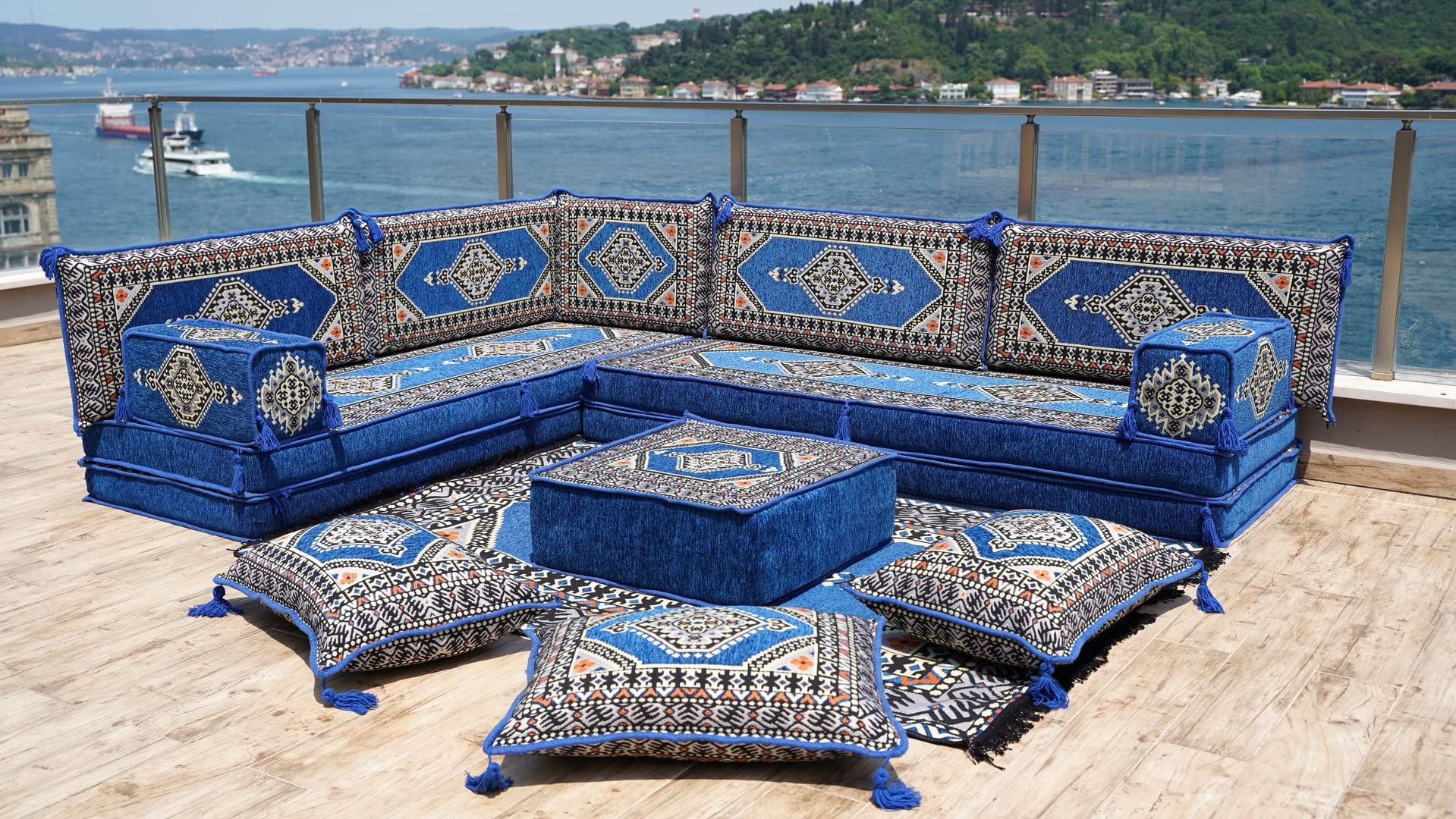 8'' Thickness L Shaped Royal Blue Sectional Sofas, Arabic Floor Sofa Set, Garden Pallet Sofa, Poufs Turkish Floor Sofa, Outdoor Sofa, Sofa Covers (L Sofa + Rug + Poufs)