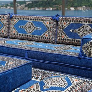 8'' Thickness L Shaped Royal Blue Sectional Sofas, Arabic Floor Sofa Set, Garden Pallet Sofa, Poufs Turkish Floor Sofa, Outdoor Sofa, Sofa Covers (L Sofa + Rug + Poufs)