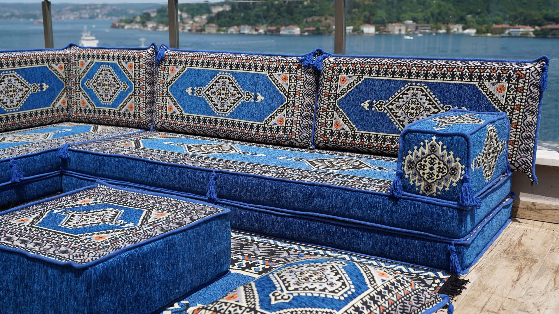 8'' Thickness L Shaped Royal Blue Sectional Sofas, Arabic Floor Sofa Set, Garden Pallet Sofa, Poufs Turkish Floor Sofa, Outdoor Sofa, Sofa Covers (L Sofa + Rug + Poufs)