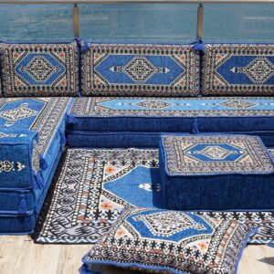 8'' Thickness L Shaped Royal Blue Sectional Sofas, Arabic Floor Sofa Set, Garden Pallet Sofa, Poufs Turkish Floor Sofa, Outdoor Sofa, Sofa Covers (L Sofa + Rug + Poufs)