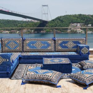 8'' Thickness L Shaped Royal Blue Sectional Sofas, Arabic Floor Sofa Set, Garden Pallet Sofa, Poufs Turkish Floor Sofa, Outdoor Sofa, Sofa Covers (L Sofa + Rug + Poufs)