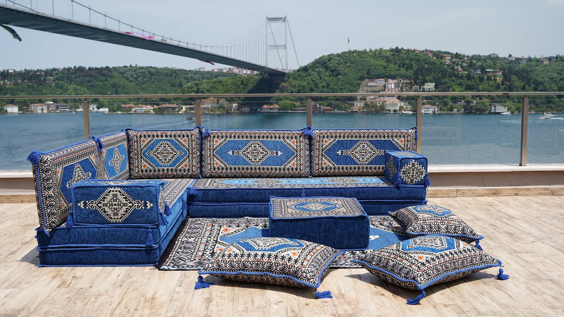 8'' Thickness L Shaped Royal Blue Sectional Sofas, Arabic Floor Sofa Set, Garden Pallet Sofa, Poufs Turkish Floor Sofa, Outdoor Sofa, Sofa Covers (L Sofa + Rug + Poufs)