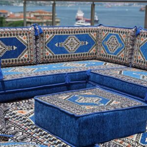 8'' Thickness L Shaped Royal Blue Sectional Sofas, Arabic Floor Sofa Set, Garden Pallet Sofa, Poufs Turkish Floor Sofa, Outdoor Sofa, Sofa Covers (L Sofa + Rug + Poufs)