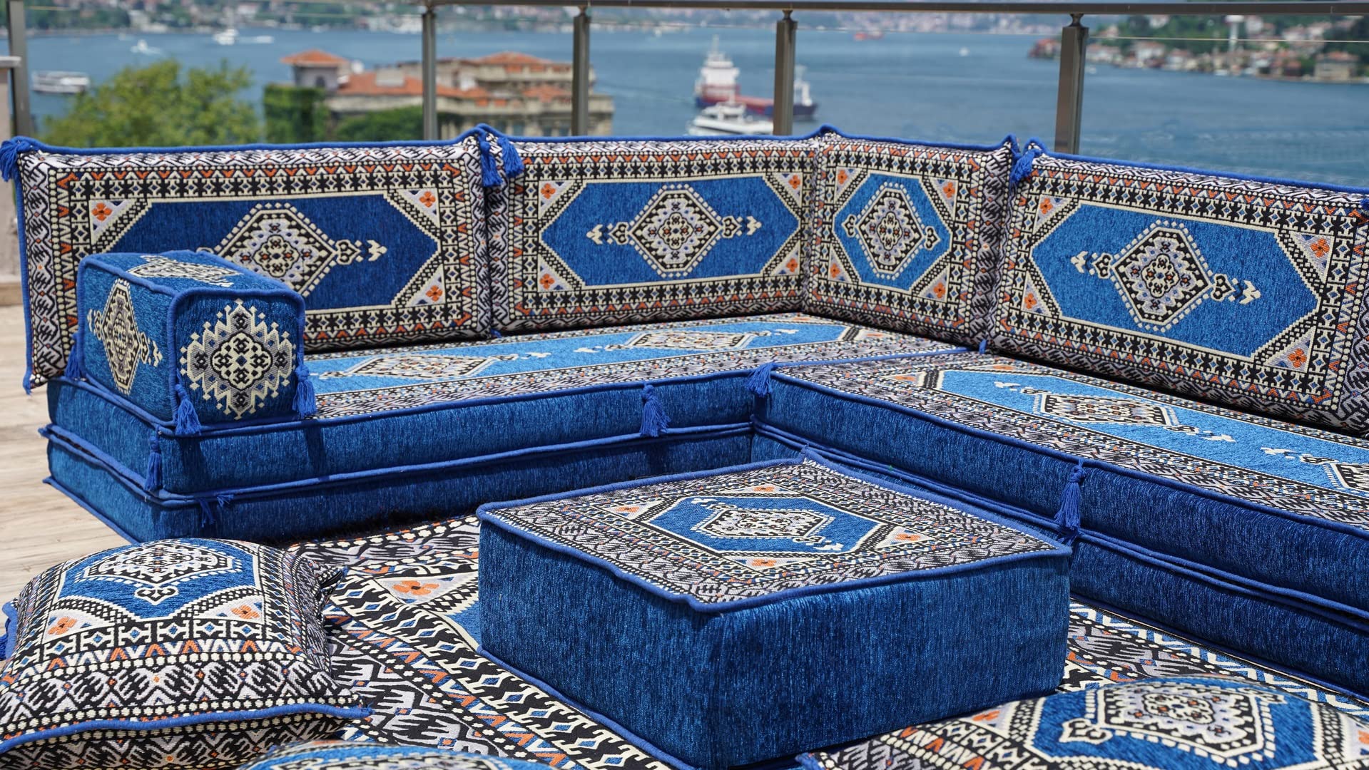 8'' Thickness L Shaped Royal Blue Sectional Sofas, Arabic Floor Sofa Set, Garden Pallet Sofa, Poufs Turkish Floor Sofa, Outdoor Sofa, Sofa Covers (L Sofa + Rug + Poufs)