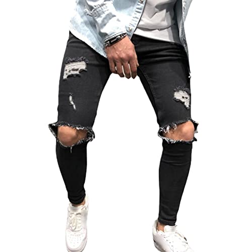 Maiyifu-GJ Skinny Ripped Jeans for Men Distressed Destroyed Slim Fit Denim Pants Biker Hip Hop Jean Trousers with Holes (Black,X-Large)