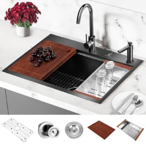 burchain 30 inch stainless steel kitchen sink 16 gauge drop in single bowl workstation sink 2-hole top mount kitchen basin with 5 accessories (black)