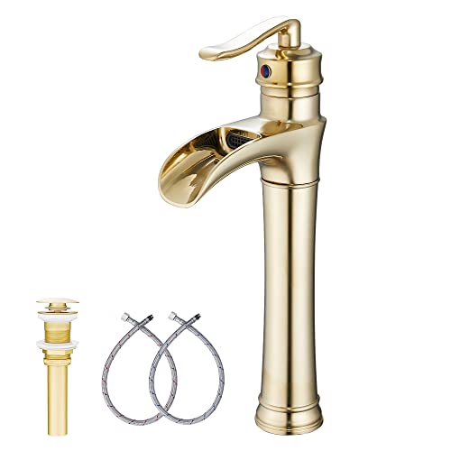 Brushed Gold Bathroom Faucet GGStudy Waterfall Bathroom Faucet Single Handle One Hole Tall Body Farmhouse Bathroom Vessel Sink Faucet Vanity Faucet Matching with Pop Up Drain