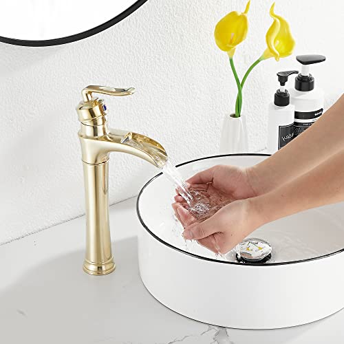 Brushed Gold Bathroom Faucet GGStudy Waterfall Bathroom Faucet Single Handle One Hole Tall Body Farmhouse Bathroom Vessel Sink Faucet Vanity Faucet Matching with Pop Up Drain