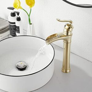 Brushed Gold Bathroom Faucet GGStudy Waterfall Bathroom Faucet Single Handle One Hole Tall Body Farmhouse Bathroom Vessel Sink Faucet Vanity Faucet Matching with Pop Up Drain