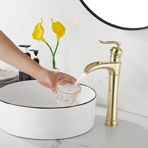 Brushed Gold Bathroom Faucet GGStudy Waterfall Bathroom Faucet Single Handle One Hole Tall Body Farmhouse Bathroom Vessel Sink Faucet Vanity Faucet Matching with Pop Up Drain