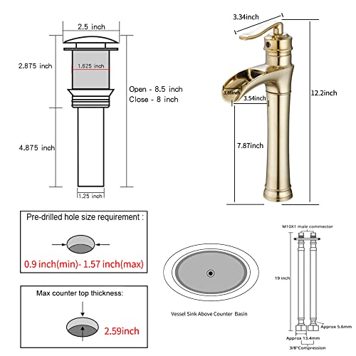 Brushed Gold Bathroom Faucet GGStudy Waterfall Bathroom Faucet Single Handle One Hole Tall Body Farmhouse Bathroom Vessel Sink Faucet Vanity Faucet Matching with Pop Up Drain