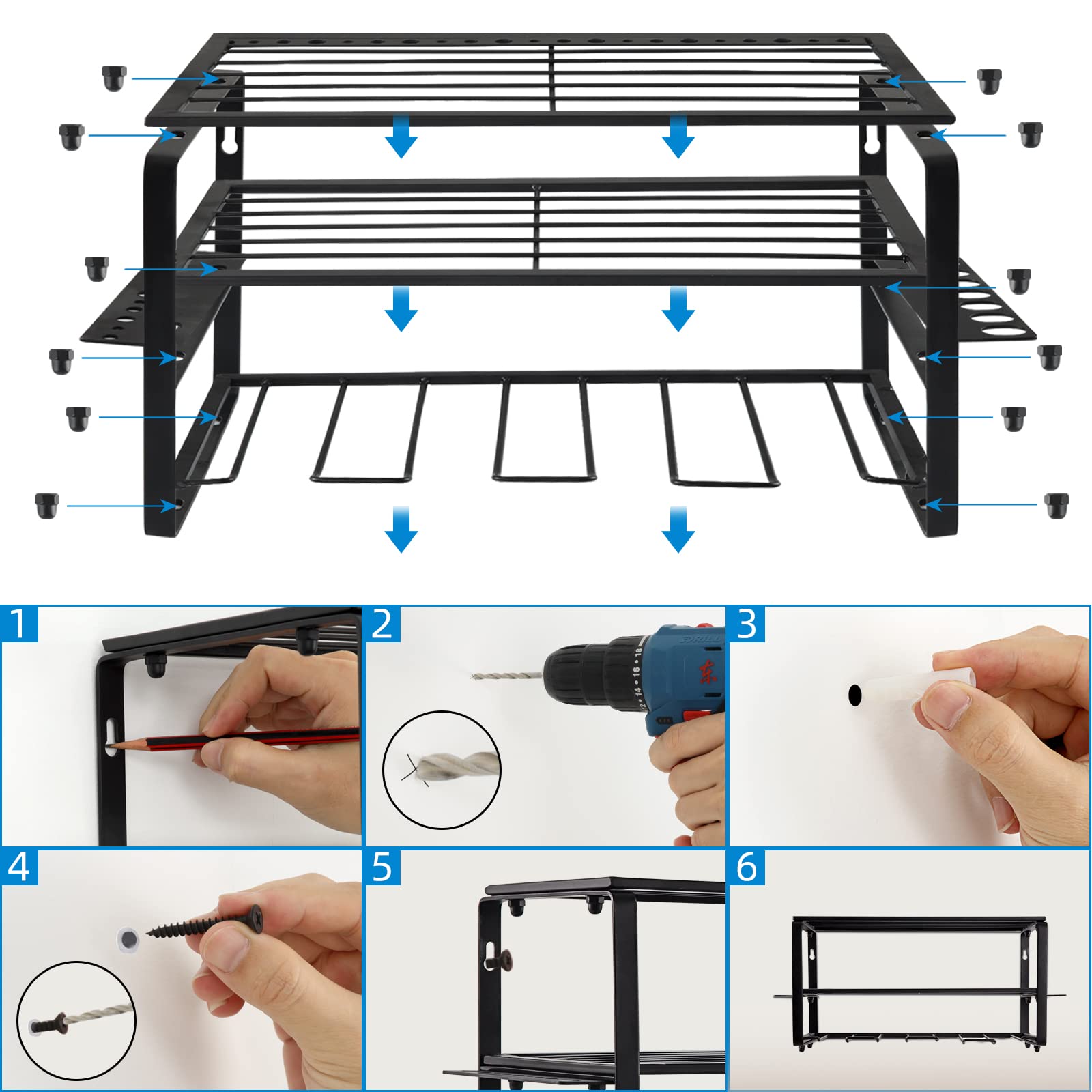 MASTLU Tools Storage Organizer,Wall Mounted Power tool,Drill Holder, Storage Rack, Utility Racks,Garage Storage,Heavy Floating Duty Metal Organizer,Warehouse DIY Work Station Black