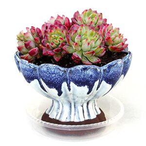 summer impressions 6 inch glazed terracotta succulent planter with drainage hole clear plant saucer cactus planter pot bonsai pot clay pot flower pot (lotus blue with saucer)