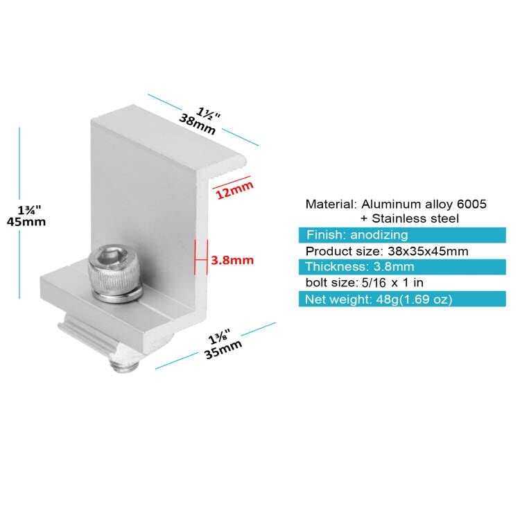 20Pcs Solar Panel Mounting End Clamp Aluminum Adjustable Z Bracket Solar Panel Assembly Accessories Fit 1.57"-1.77" (40mm-45mm) Thickness PV Panel for RV Boat Off Grid Roof Solar Motor Home Roof