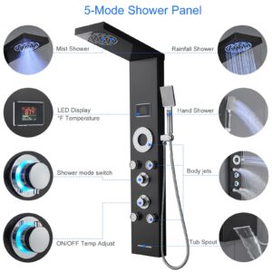 ROVOGO No Battery Needed Shower Panel System with Led Lights, MIST & RAIN Shower, 5 Body Jets, Handheld, Tub Spout and Temperature Display, Water Powered Led Shower Tower Column Stainless Steel, Black