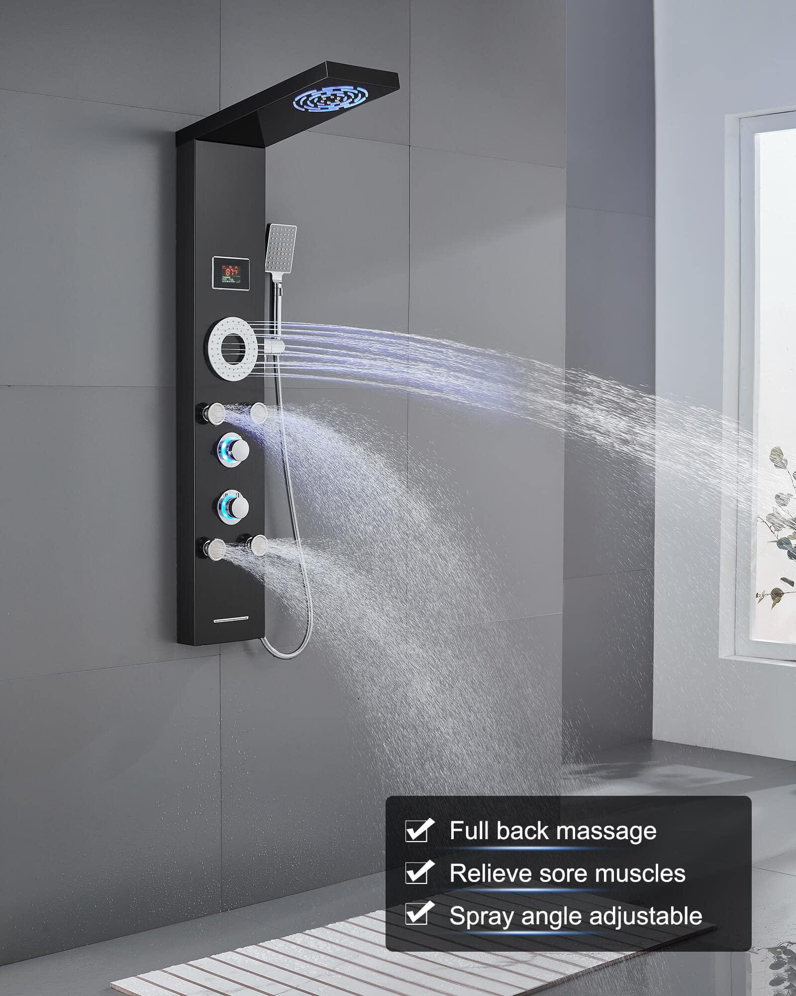 ROVOGO No Battery Needed Shower Panel System with Led Lights, MIST & RAIN Shower, 5 Body Jets, Handheld, Tub Spout and Temperature Display, Water Powered Led Shower Tower Column Stainless Steel, Black