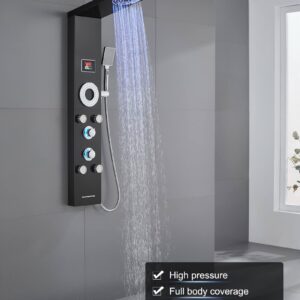 ROVOGO No Battery Needed Shower Panel System with Led Lights, MIST & RAIN Shower, 5 Body Jets, Handheld, Tub Spout and Temperature Display, Water Powered Led Shower Tower Column Stainless Steel, Black