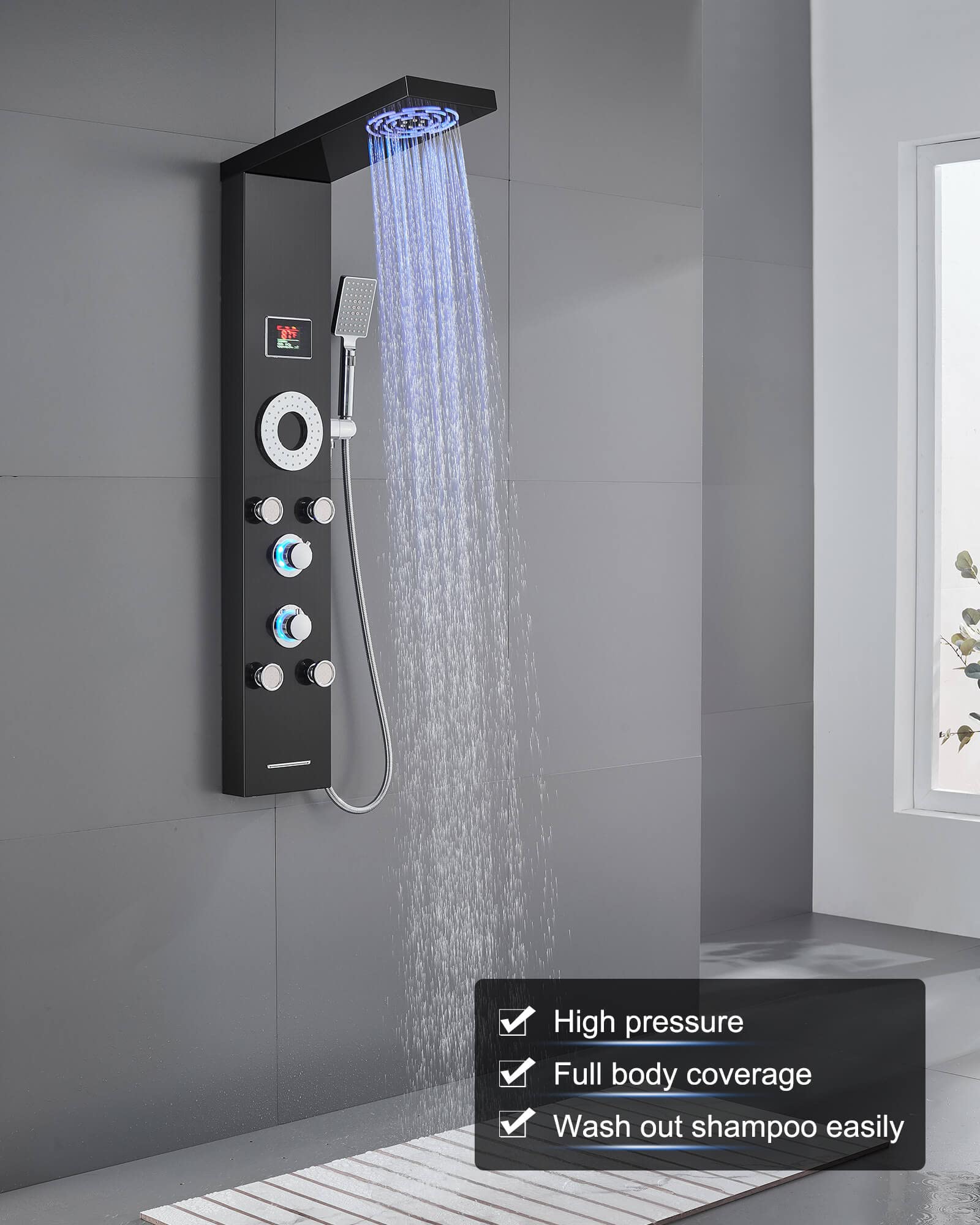 ROVOGO No Battery Needed Shower Panel System with Led Lights, MIST & RAIN Shower, 5 Body Jets, Handheld, Tub Spout and Temperature Display, Water Powered Led Shower Tower Column Stainless Steel, Black