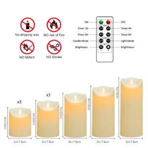 Nimiko Flameless Candles With Remote, Battery Operated Flickering Flameless Candles, LED Candles with Timer 2/4/6/8H, with Realistic Moving Wick Pillar Candles Set Of 9 (D3" x H 3"4"5"6"7") (Ivory)