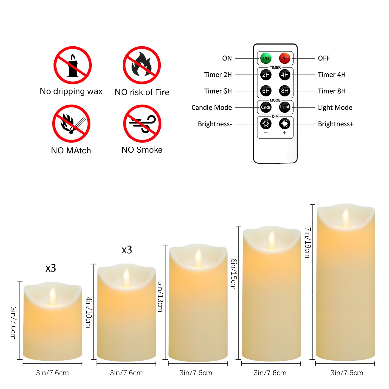 Nimiko Flameless Candles With Remote, Battery Operated Flickering Flameless Candles, LED Candles with Timer 2/4/6/8H, with Realistic Moving Wick Pillar Candles Set Of 9 (D3" x H 3"4"5"6"7") (Ivory)