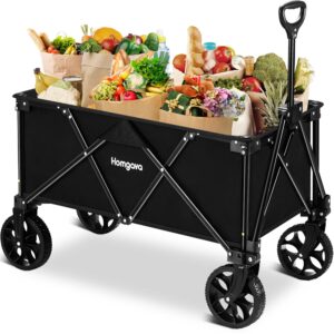 homgava collapsible folding wagon cart, portable large capacity camping wagon, all terrain foldable wagon, heavy duty utility wagon cart for grocery outdoor beach gardening shopping fishing black