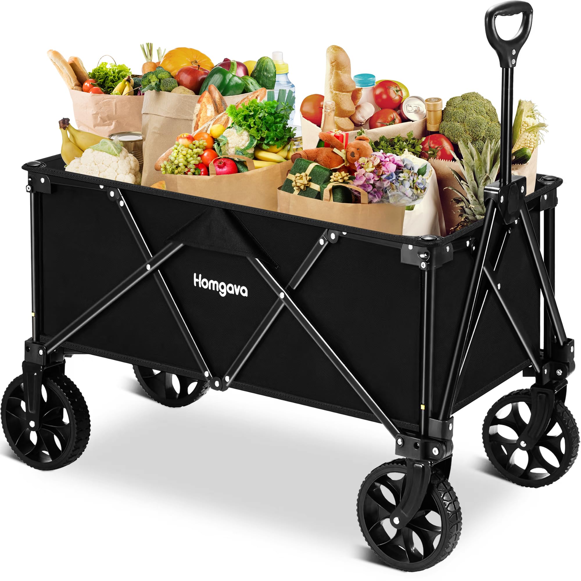 Homgava Collapsible Folding Wagon Cart, Portable Large Capacity Camping Wagon, All Terrain Foldable Wagon, Heavy Duty Utility Wagon Cart for Grocery Outdoor Beach Gardening Shopping Fishing Black