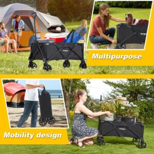 Homgava Collapsible Folding Wagon Cart, Portable Large Capacity Camping Wagon, All Terrain Foldable Wagon, Heavy Duty Utility Wagon Cart for Grocery Outdoor Beach Gardening Shopping Fishing Black