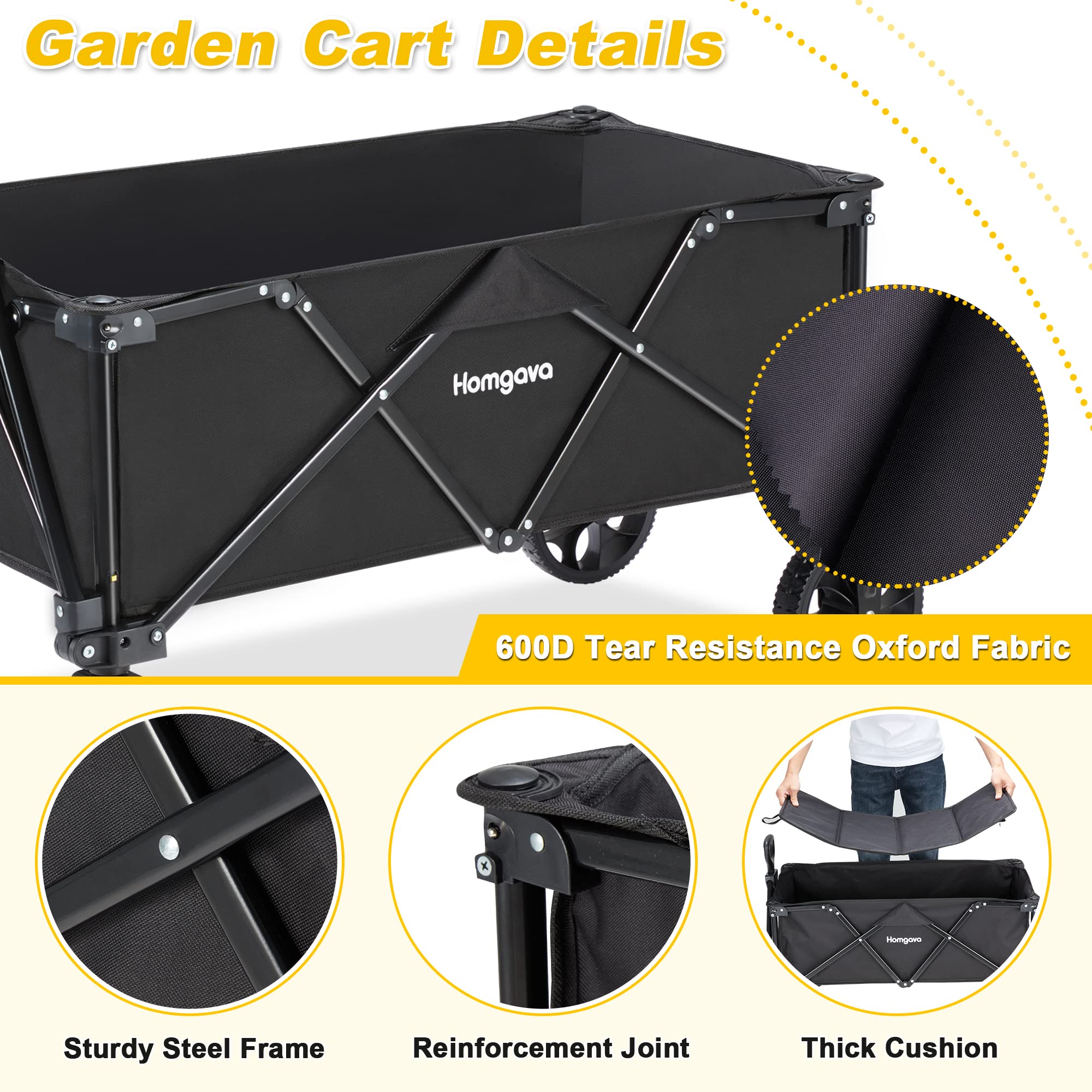 Homgava Collapsible Folding Wagon Cart, Portable Large Capacity Camping Wagon, All Terrain Foldable Wagon, Heavy Duty Utility Wagon Cart for Grocery Outdoor Beach Gardening Shopping Fishing Black