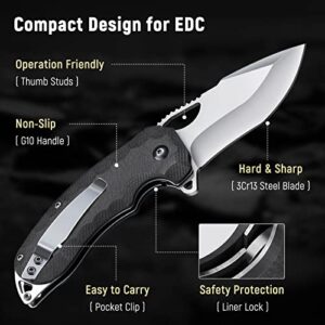 KEXMO Pocket Knife for Men, 3.1'' Ultra Sharp Blade G10 Handle Folding Pocket Knife with Sheath and Clip, EDC Tactical Knife for Survival Camping Hunting Hiking Gift for Men, Black