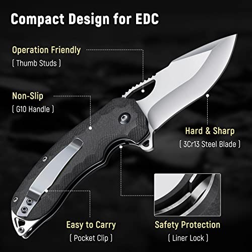 KEXMO Pocket Knife for Men, 3.1'' Ultra Sharp Blade G10 Handle Folding Pocket Knife with Sheath and Clip, EDC Tactical Knife for Survival Camping Hunting Hiking Gift for Men, Black