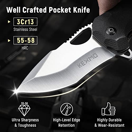 KEXMO Pocket Knife for Men, 3.1'' Ultra Sharp Blade G10 Handle Folding Pocket Knife with Sheath and Clip, EDC Tactical Knife for Survival Camping Hunting Hiking Gift for Men, Black