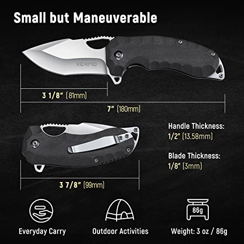 KEXMO Pocket Knife for Men, 3.1'' Ultra Sharp Blade G10 Handle Folding Pocket Knife with Sheath and Clip, EDC Tactical Knife for Survival Camping Hunting Hiking Gift for Men, Black