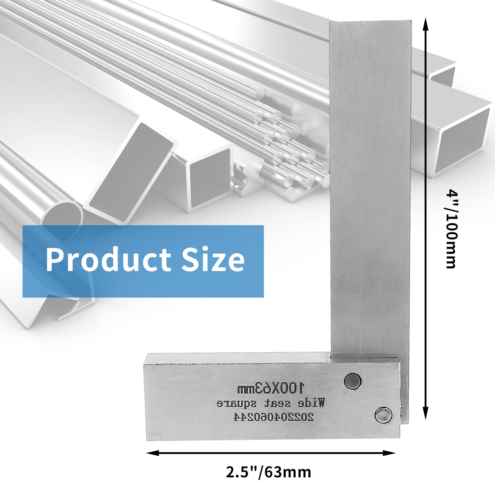 Biaungdo Machinist Square, 4" x 2.5" Mechanical Steel High Precision Square, Wide Seat Square 90 Right Angle Engineer Tool L-Type Measuring Tool for Woodworking(100 x 63mm)