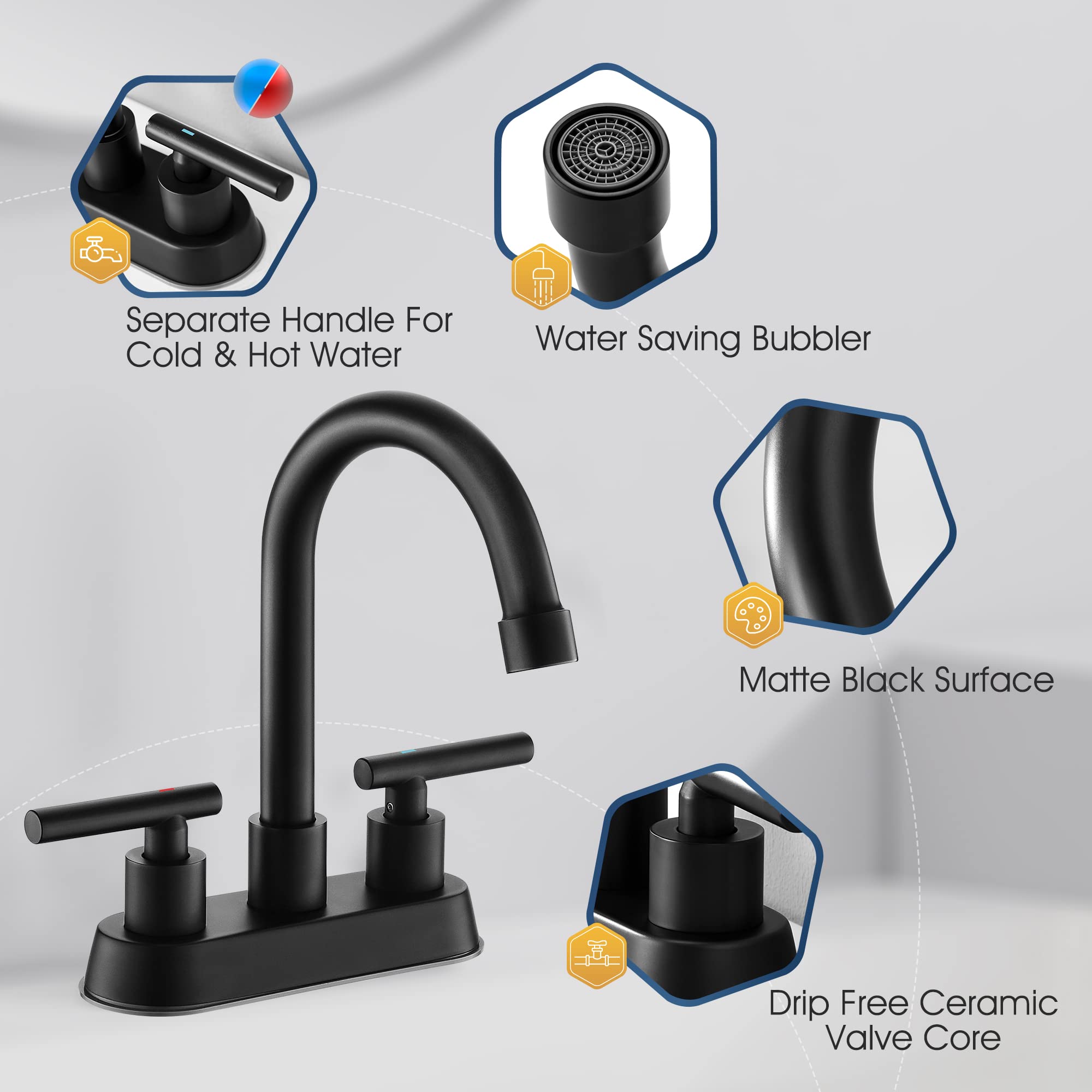 TONNY Black Bathroom Faucets, 4-Inch Centerset Bathroom Sink Faucet, 2 Handle Bathroom Sink Faucet with Pop Up Drain and Water Supply Lines Bathroom Faucet Black