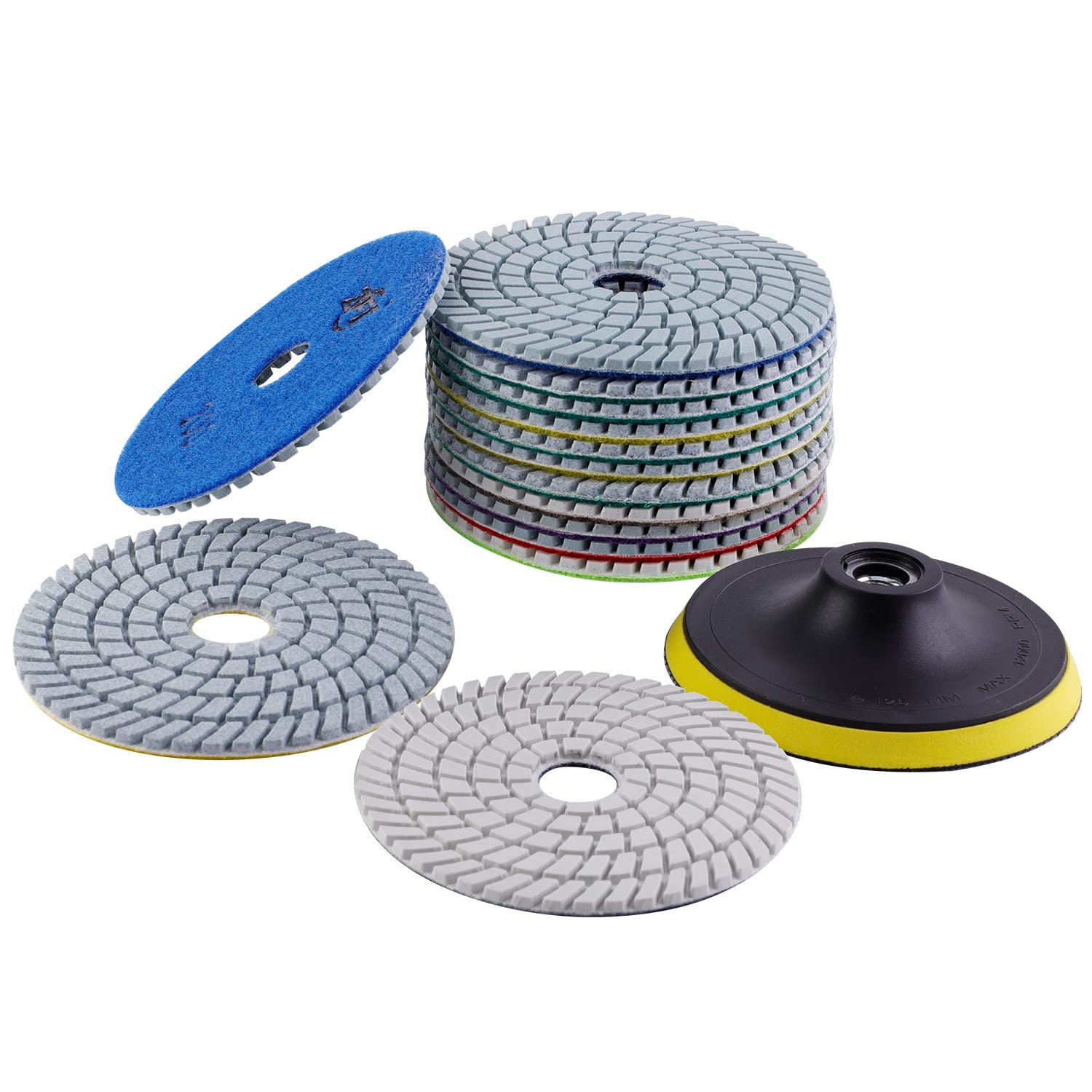 Diamond Wet Polishing Pads Set, 5 inch 15Pcs Pads for Granite Stone Concrete Marble Floor Grinder or Polisher, 50#-6000# with Hook & Loop Backing Holder Pads for Wet Polisher