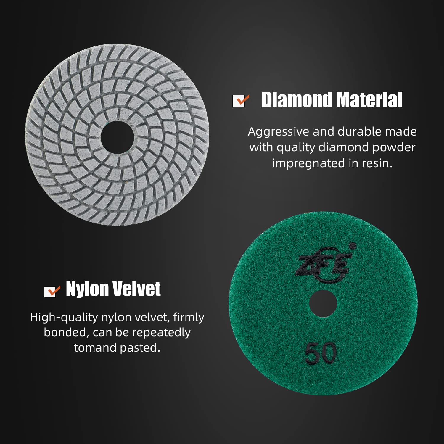 Diamond Wet Polishing Pads Set, 5 inch 15Pcs Pads for Granite Stone Concrete Marble Floor Grinder or Polisher, 50#-6000# with Hook & Loop Backing Holder Pads for Wet Polisher