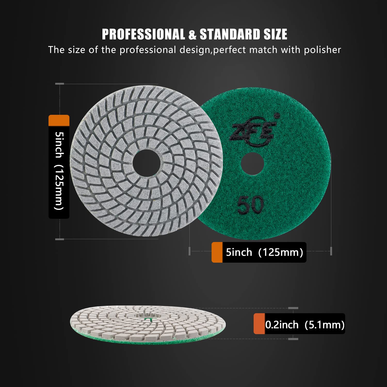 Diamond Wet Polishing Pads Set, 5 inch 15Pcs Pads for Granite Stone Concrete Marble Floor Grinder or Polisher, 50#-6000# with Hook & Loop Backing Holder Pads for Wet Polisher