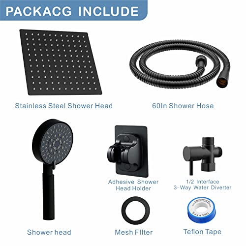 6 inch Shower Head with handheld, High Pressure 6" Rainfall Stainless Steel Shower Head/Handheld Shower with hose (Square, Matte Black)