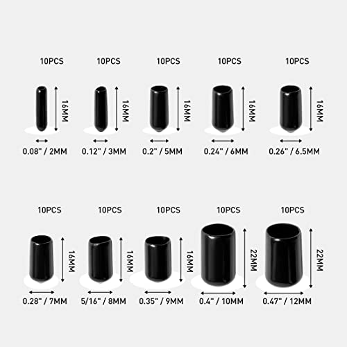 UTSAUTO 100Pcs Flexible Rubber End Caps 10 Most Popular Size Round Screw Thread Protectors Black Vinyl Blot Protector Safety Caps Kit for Tube Screw Bolt (2mm,3mm,5mm,6mm,6.5mm,7mm,8mm,9mm,10mm,12mm)