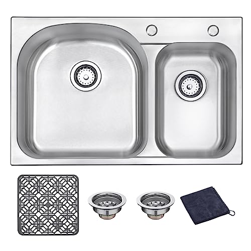 DIRECTUNIT 31.5-inch Drop-in Topmount Kitchen Sink Double Bowl with 2 Holes 18 Gauge Stainless Steel Sink with Silicone Protector Mat, 31.5" x 20.5" x 9"